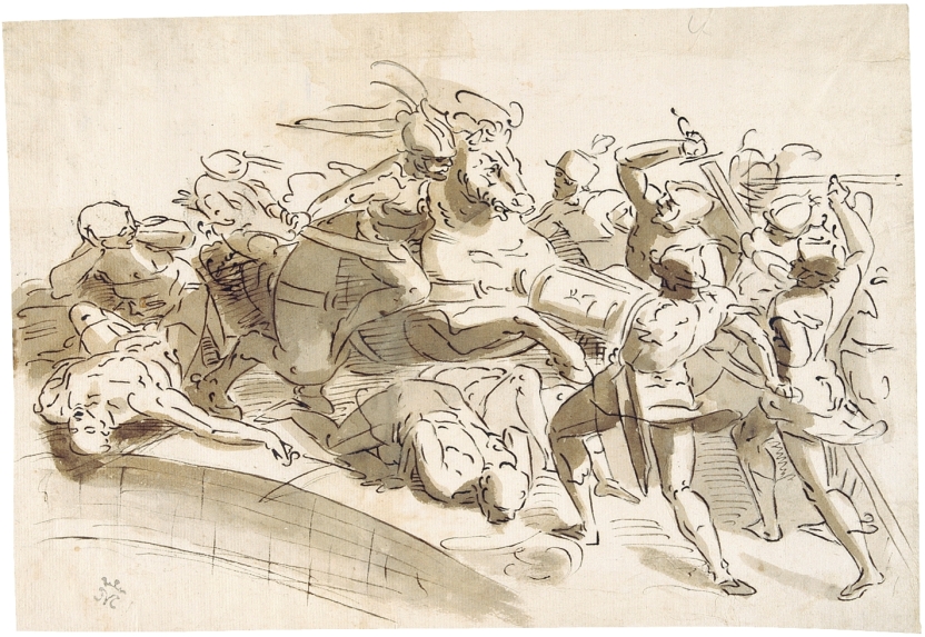 Horatius Cocles on hoserback riding to the right, defending the ...